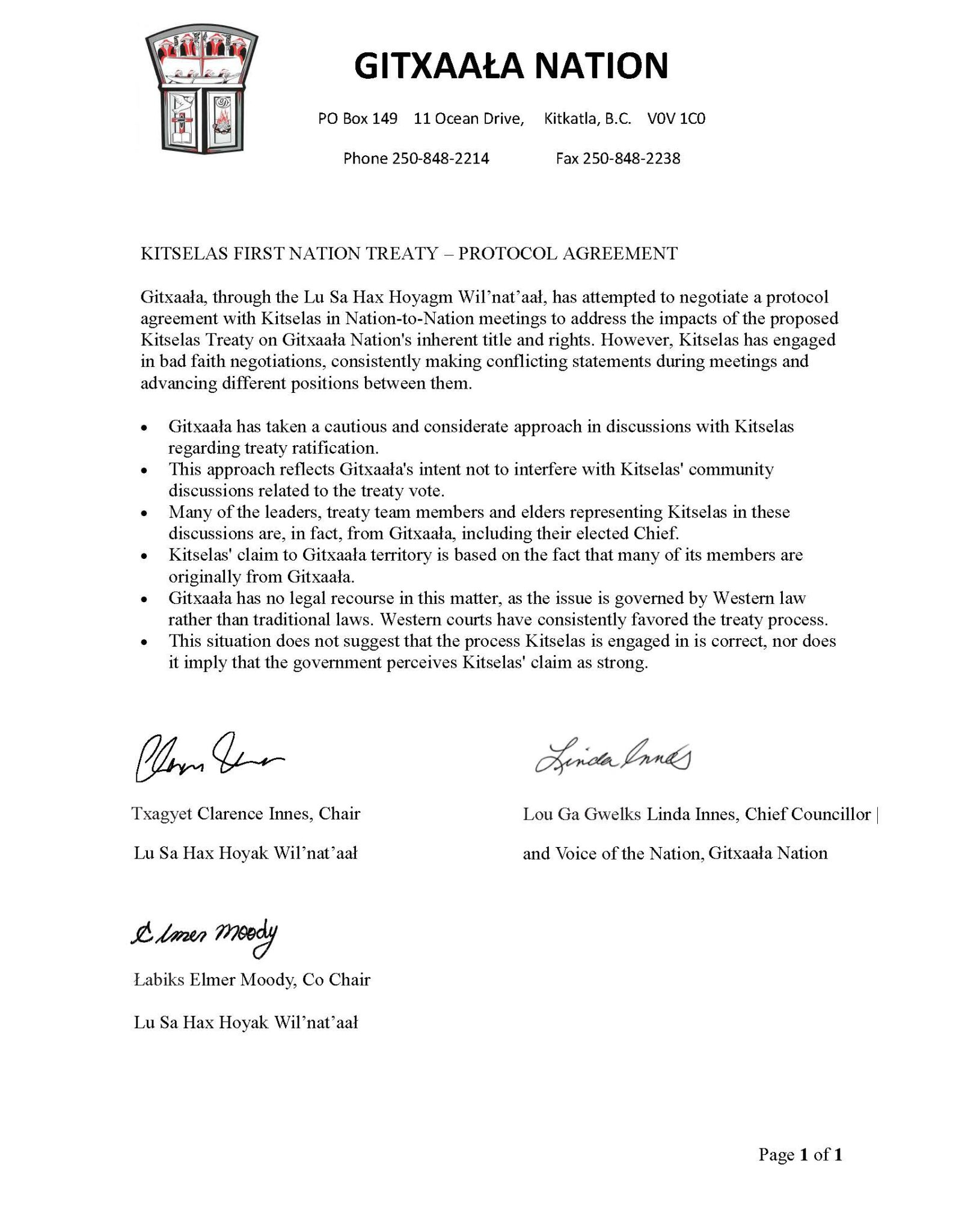 KITSELAS FIRST NATION TREATY – PROTOCOL AGREEMENT - Gitxaala Nation