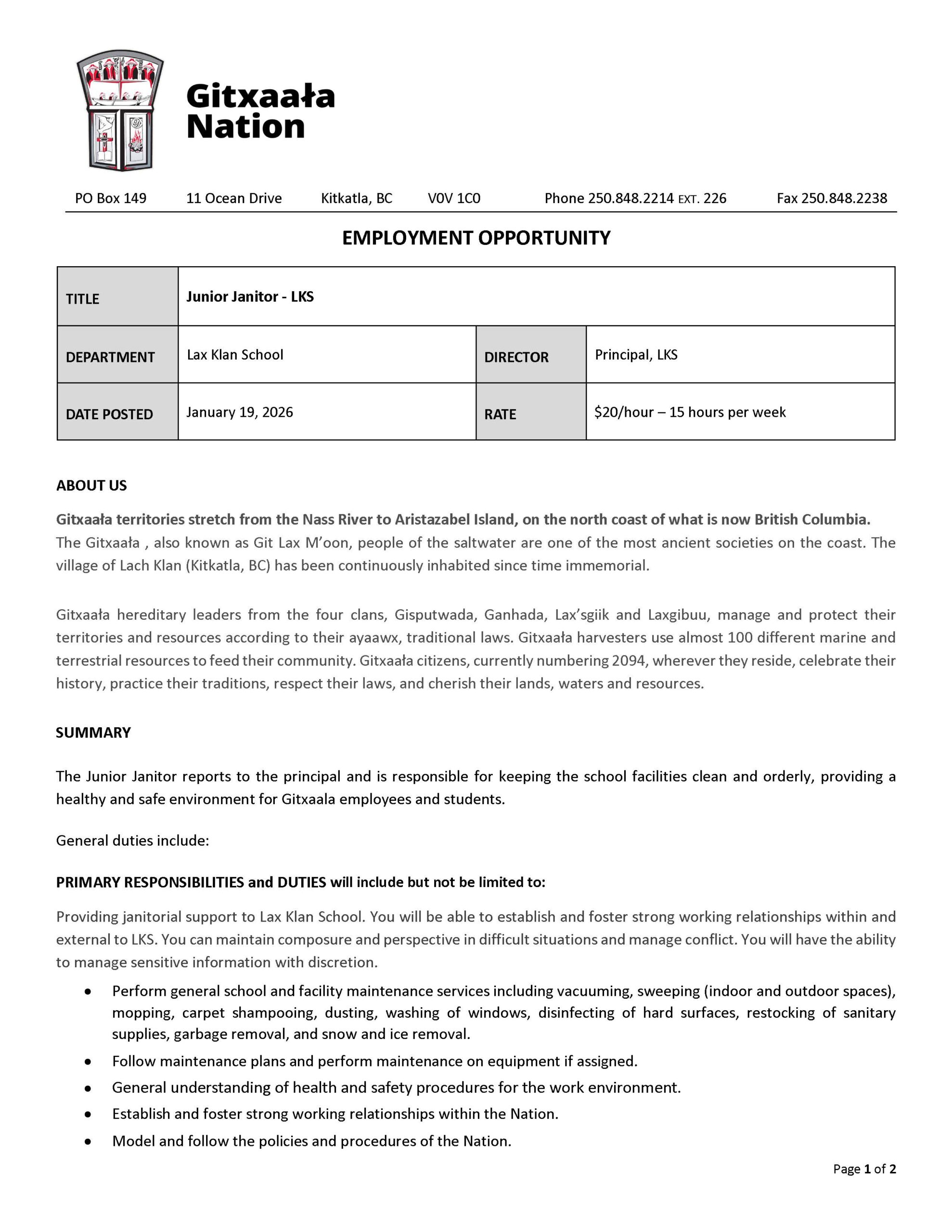 Junior Janitor (Part-time) - Gitxaala Nation