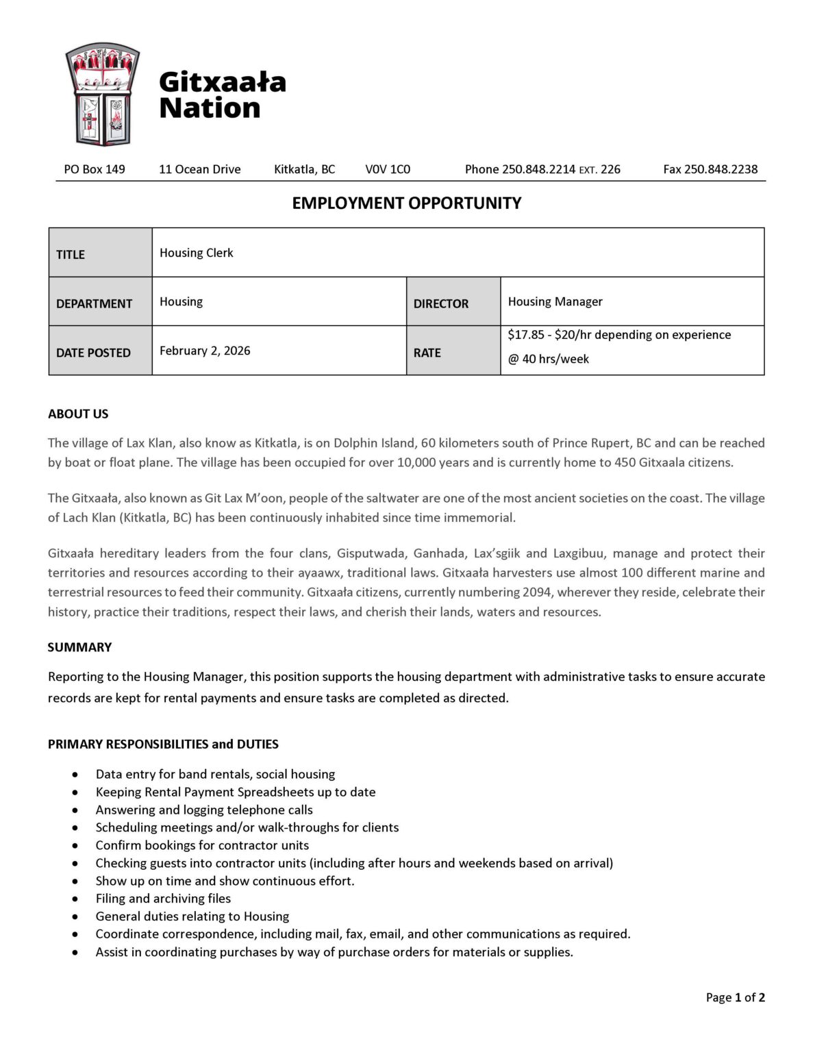 Employment Opportunity - Housing Clerk - Gitxaala Nation